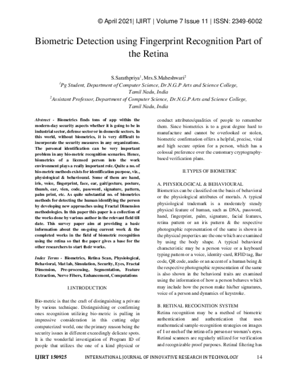 (PDF) Biometric Detection using Fingerprint Recognition Part of the Retina