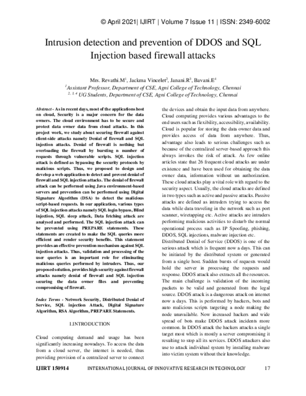 (PDF) Intrusion detection and prevention of DDOS and SQL Injection based firewall attacks