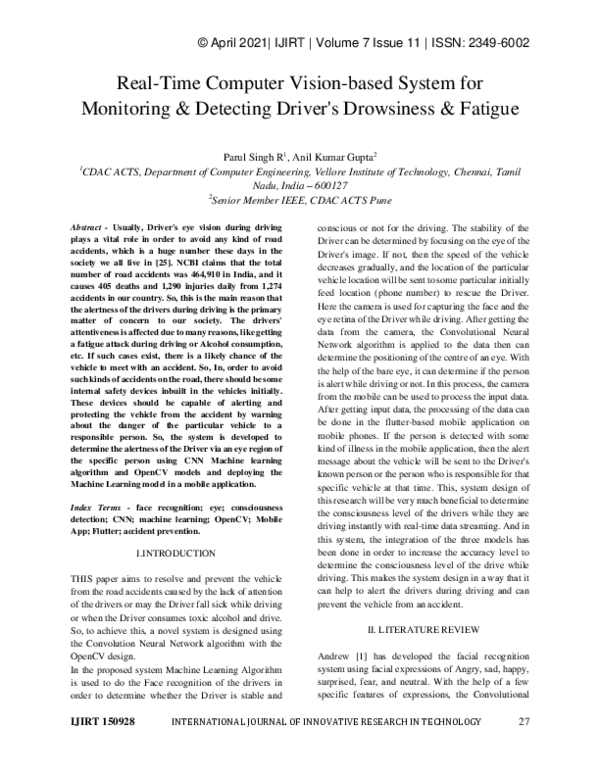 Pdf Real Time Computer Vision Based System For Monitoring And Detecting Drivers Drowsiness