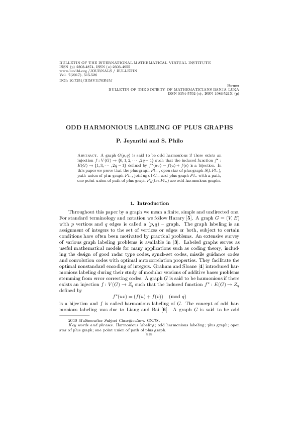 (PDF) P.Jeyanthi and S.Philo, Odd Harmonious Labeling of Plus Graphs, Bulletin of the ...