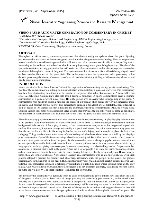 (PDF) Video-Based Automated Generation of Commentary in Cricket