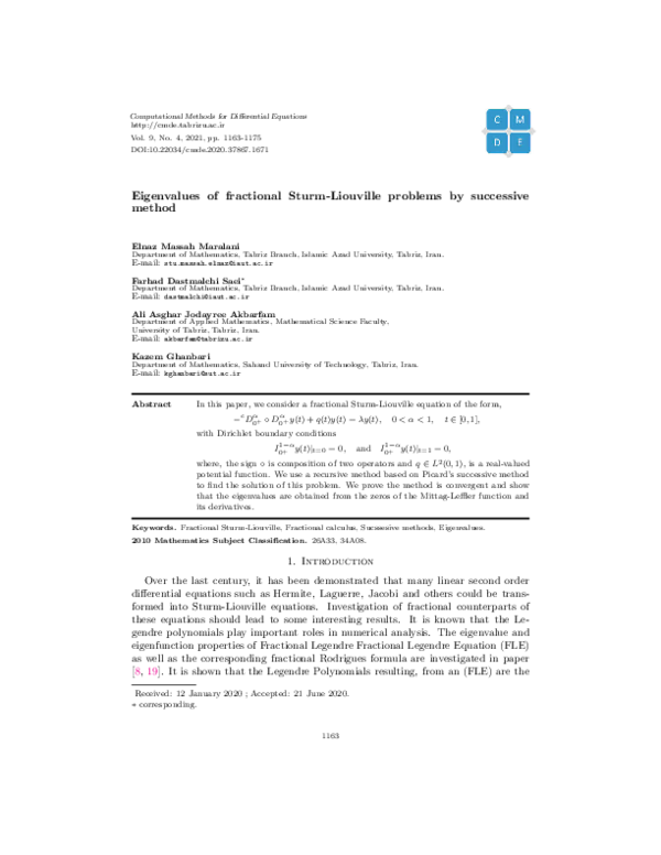 (PDF) Eigenvalues of Fractional Sturm-Liouville Problems by Successive method