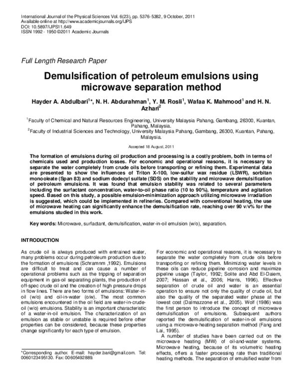 (PDF) Demulsification of petroleum emulsions using microwave separation ...