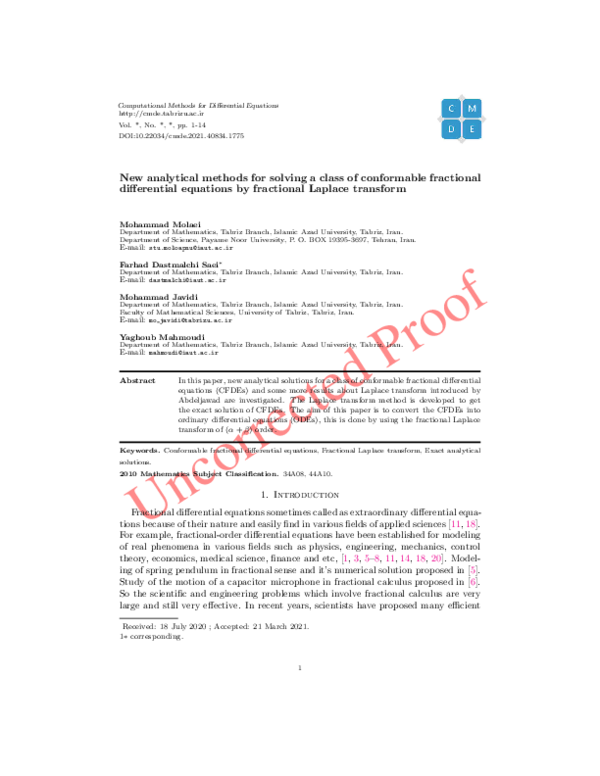 Pdf New Analytical Methods For Solving A Class Of Conformable