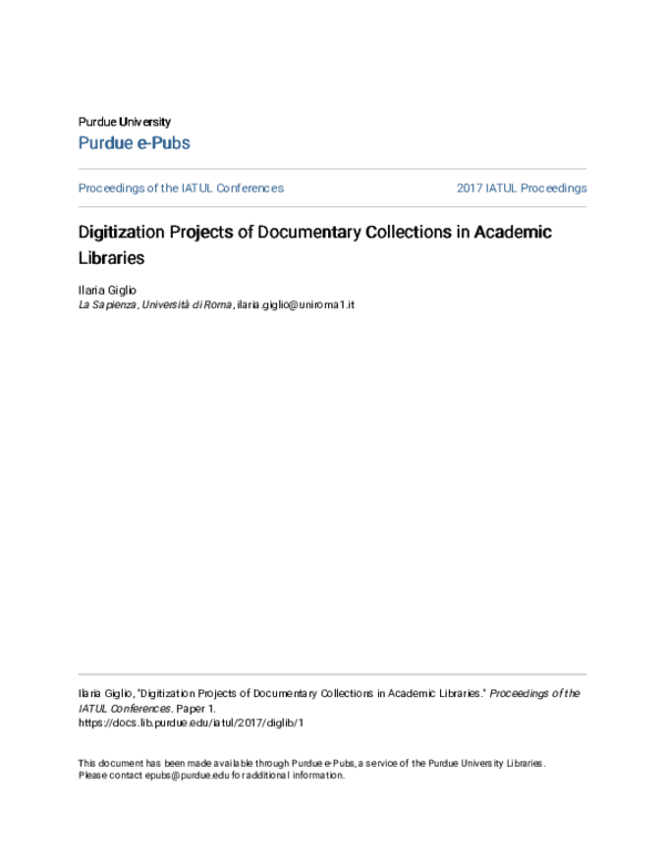 (PDF) Digitization Projects of Documentary Collections in Academic Libraries