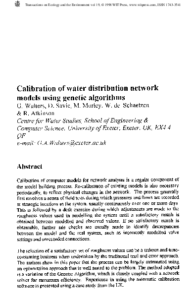 (PDF) Calibration of water distribution network models using genetic ...