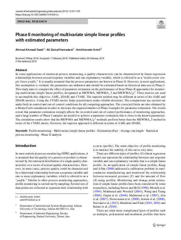 (PDF) Phase II monitoring of multivariate simple linear profiles (PDF) Phase II monitoring of multivariate simple linear profiles