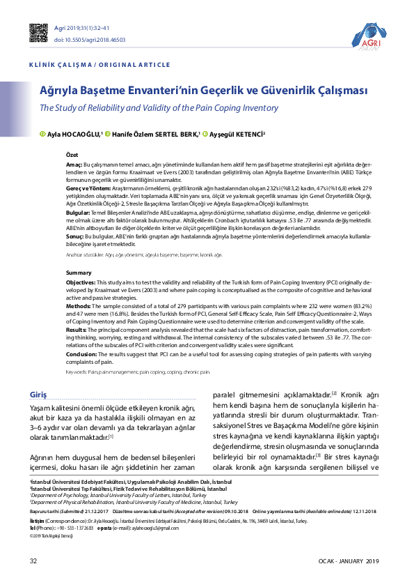 (PDF) The Study of Reliability and Validity of the Pain Coping Inventory