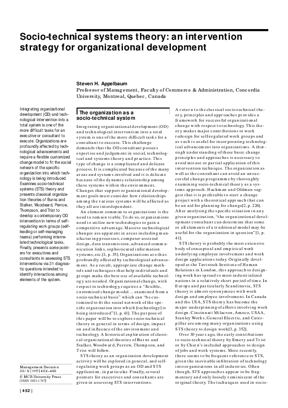(PDF) Socio-technical systems theory: an intervention strategy for ...