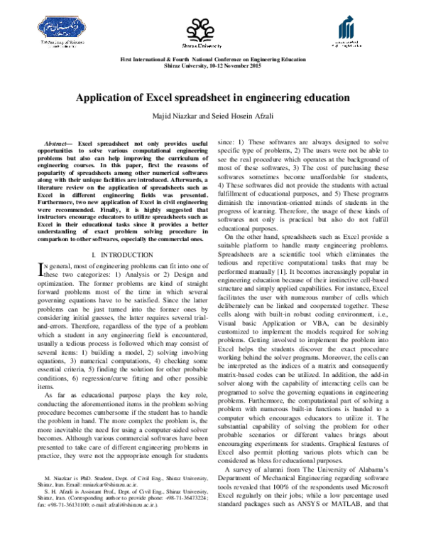 (PDF) Application of Excel spreadsheet in engineering education