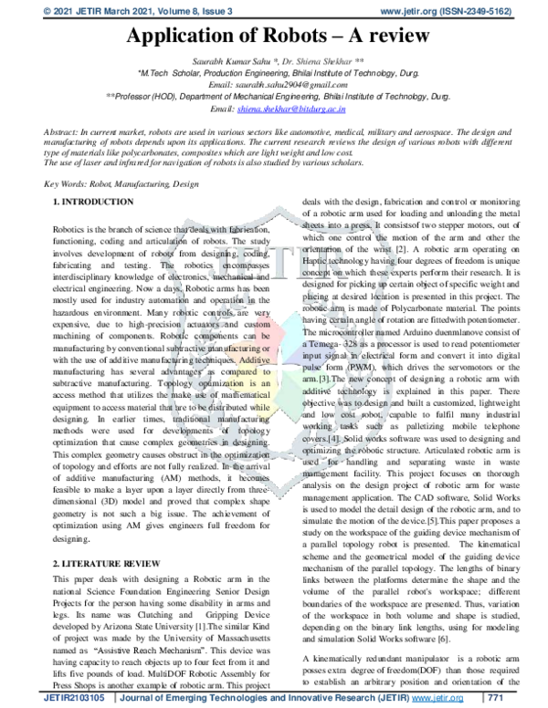 (PDF) Application of Robots – A review