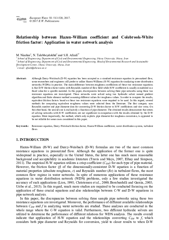 (PDF) Relationship between Hazen-William coefficient and Colebrook ...