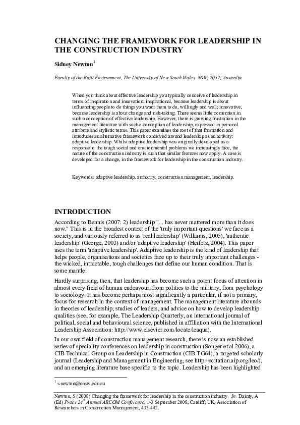 (PDF) Changing the Framework for Leadership in the Construction Industry