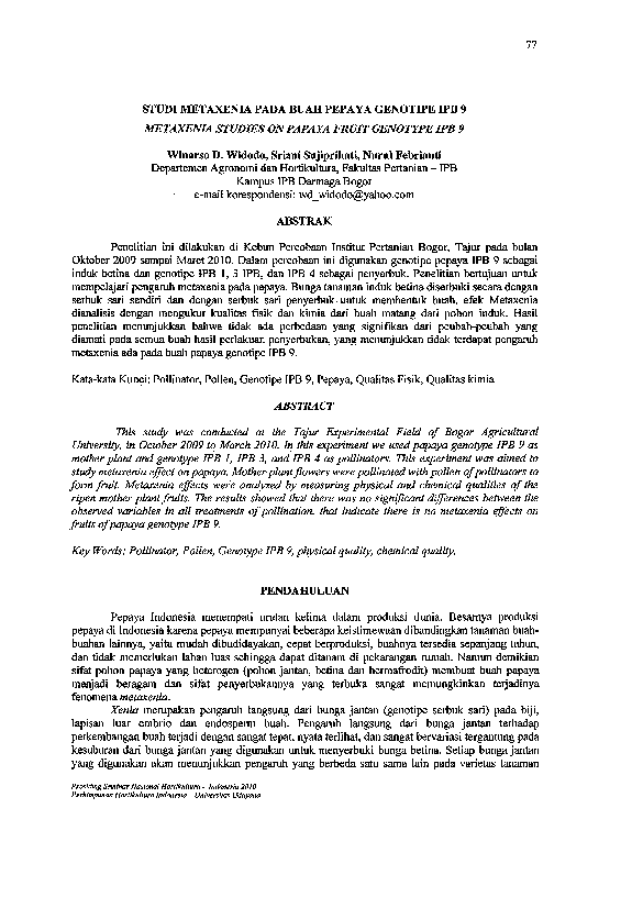 (PDF) Metaxenia Studies on Papaya Fruit Genotype IPB 9