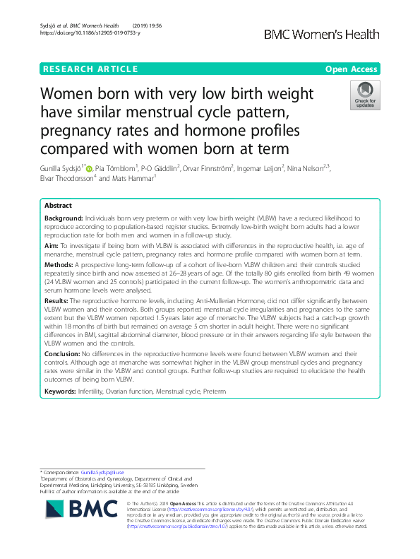 (PDF) Women born with very low birth weight have similar menstrual ...