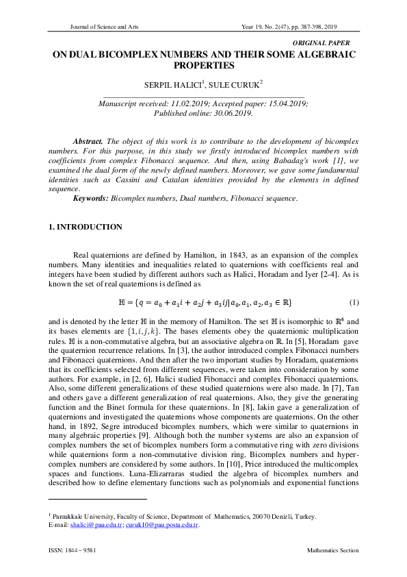 (PDF) On Dual Bicomplex Numbers and Their Some Algebraic Properties | Serpil Halıcı - Academia.edu