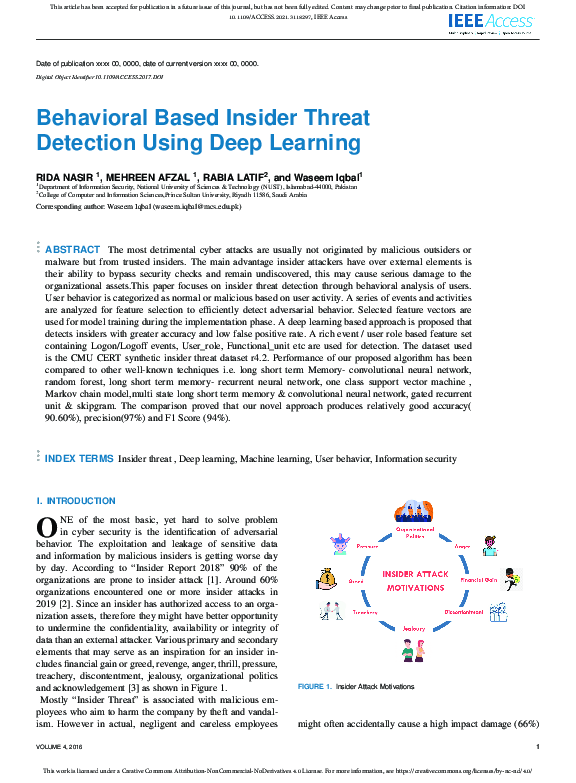 Pdf Behavioral Based Insider Threat Detection Using Deep Learning