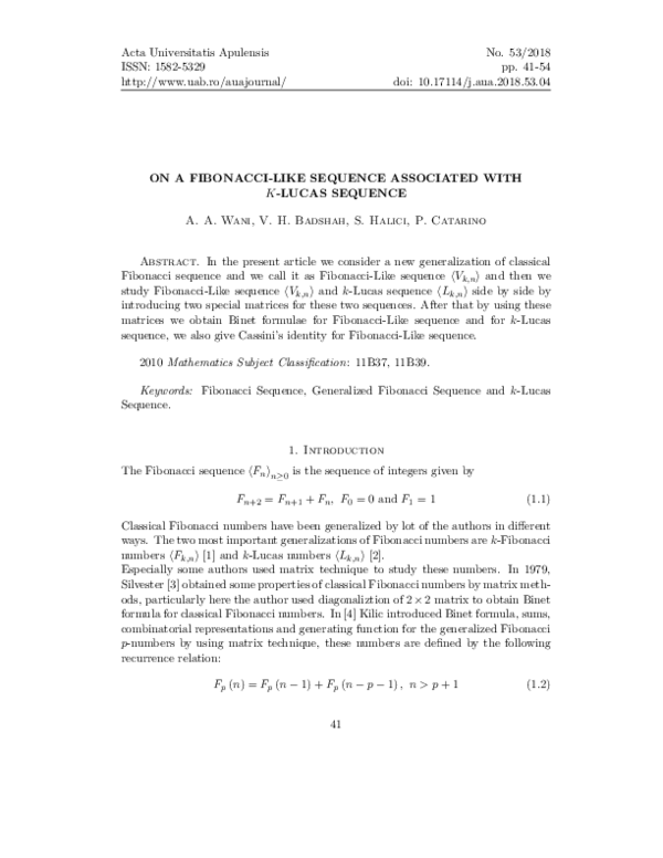 Pdf On A Fibonacci Like Sequence Associated With K Lucas Sequence