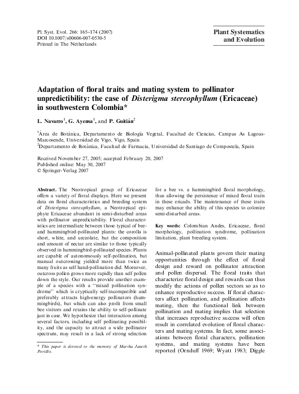 (PDF) Adaptation of floral traits and mating system to pollinator ...