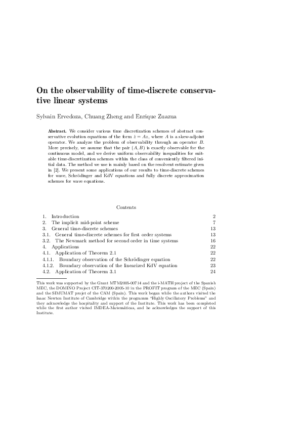 (PDF) On the observability of time-discrete conservative linear systems