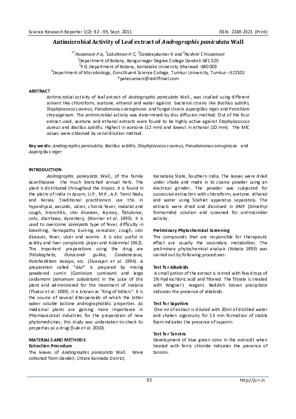 (PDF) Antimicrobial Activity of Leaf extract of Andrographis paniculata Wall