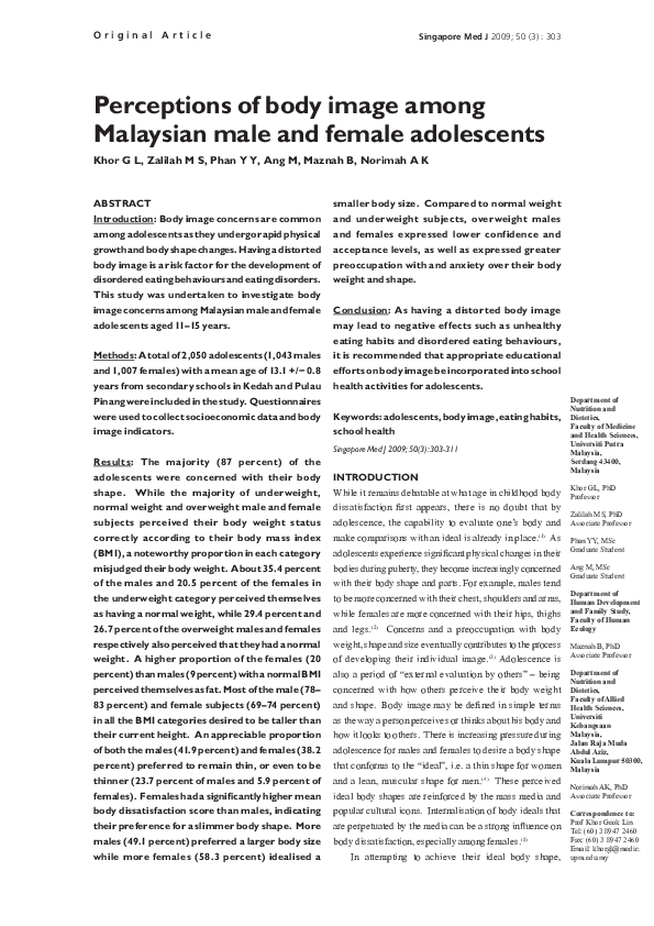 (PDF) Perceptions of body image among Malaysian male and female adolescents