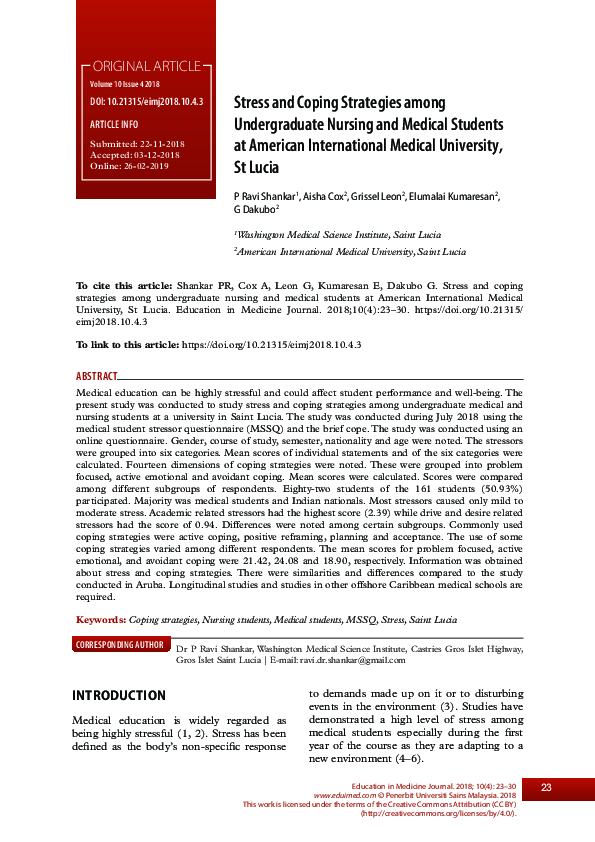 (PDF) Stress and coping strategies among undergraduate nursing students: A descriptive ...
