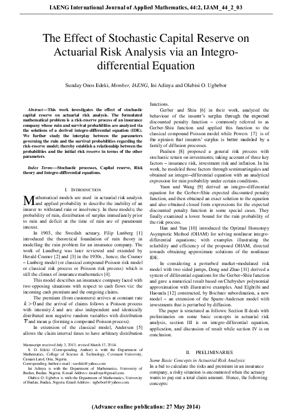 (PDF) The Effect of Stochastic Capital Reserve on Actuarial Risk ...