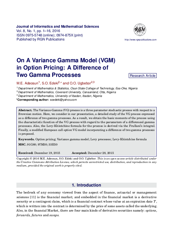 (PDF) On a Variance Gamma Model (VGM) in Option Pricing: A Difference ...