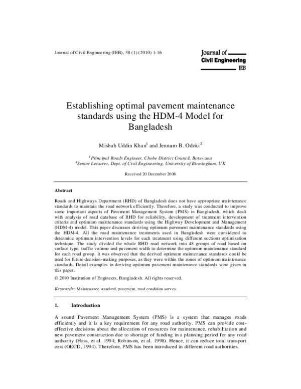 (PDF) Establishing optimal pavement maintenance standards using the HDM ...