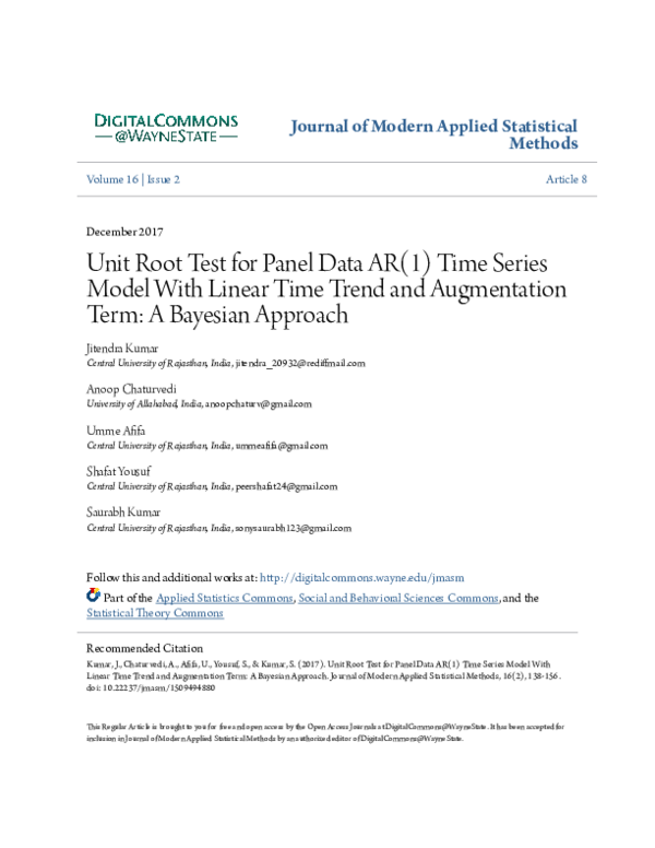 Pdf Unit Root Test For Panel Data Ar1 Time Series Model With Linear