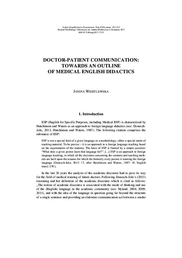 (PDF) Doctor-patient communication: towards an outline of medical ...