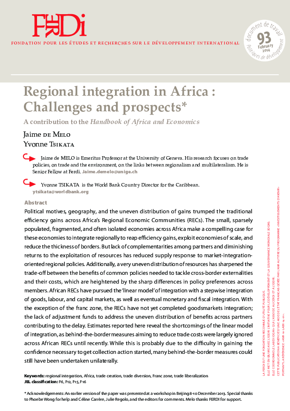 (PDF) Regional integration in Africa : Challenges and prospects* A contribution to the Handbook ...