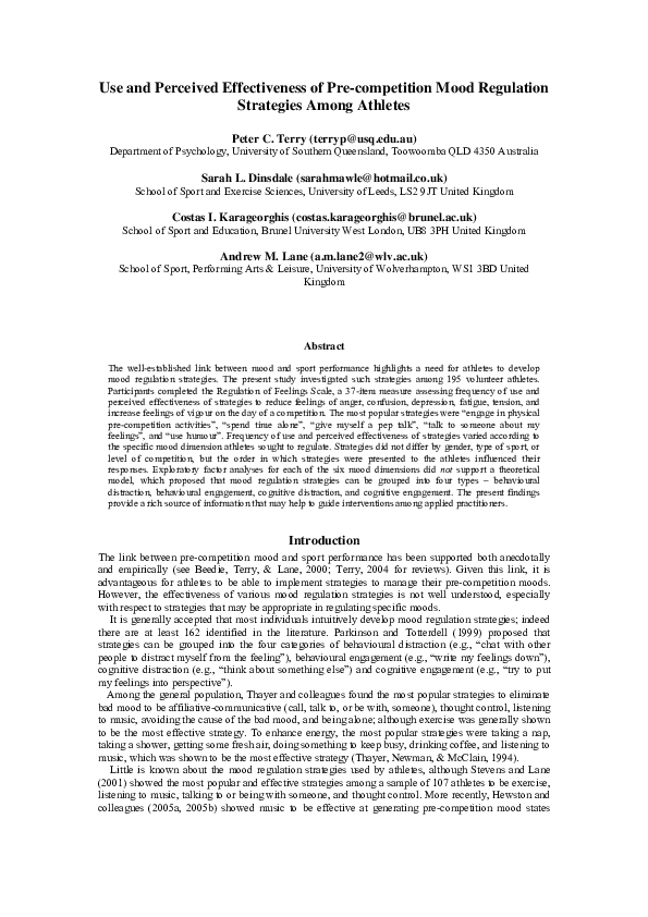 (PDF) Use and perceived effectiveness of pre-competition mood ...