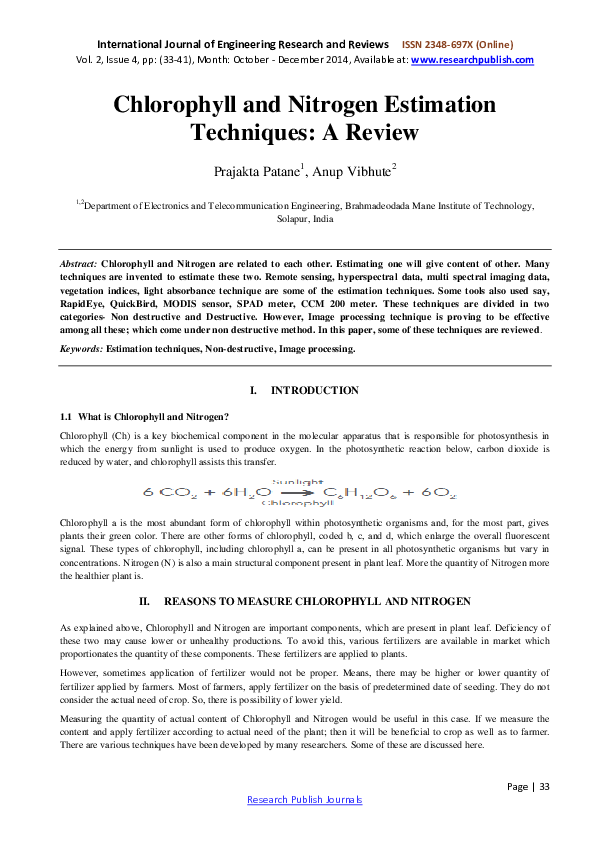 (PDF) Chlorophyll and Nitrogen Estimation Techniques: A Review