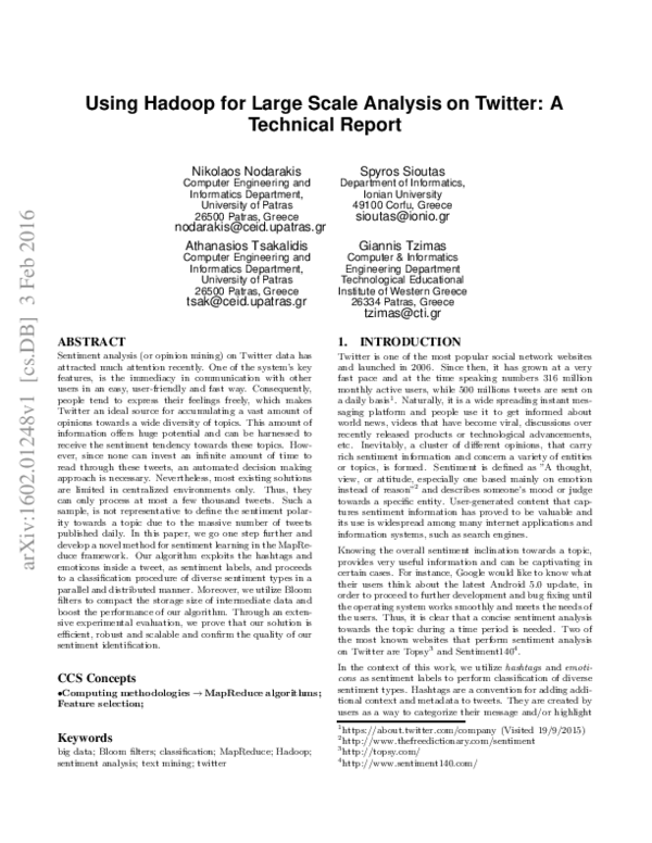 (PDF) Using Hadoop for Large Scale Analysis on Twitter: A Technical Report