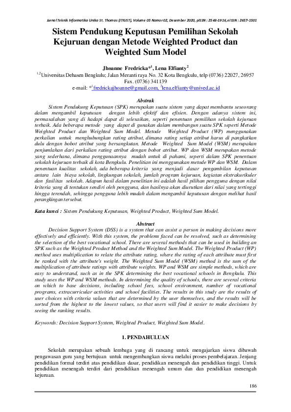 (PDF) Sistem Pendukung Keputusan Pemilihan Sekolah Kejuruan dengan Metode Weighted Product dan ...