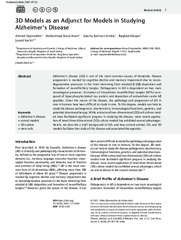 (PDF) 3D Models as an Adjunct for Models in Studying Alzheimer’s Disease