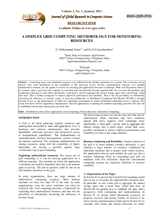 (PDF) A Simplex Grid Computing Methodology For Monitoring Resources