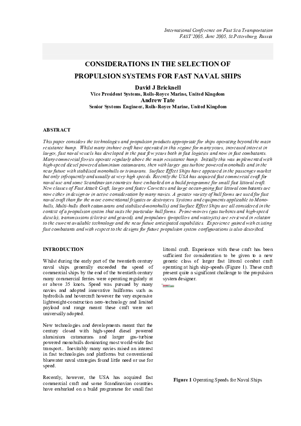 (PDF) Considerations in the Selection of Propulsion Systems for Fast ...