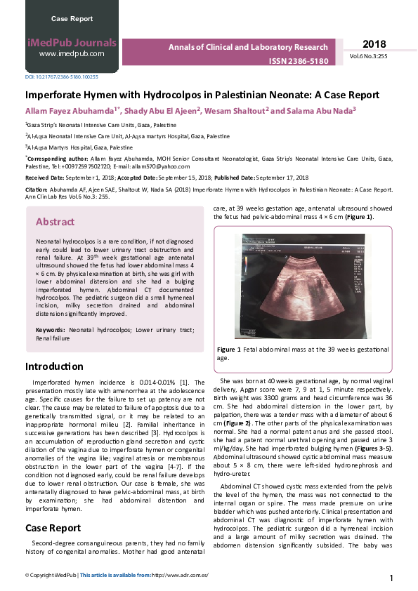 (PDF) Imperforate Hymen with Hydrocolpos in Palestinian Neonate: A Case ...