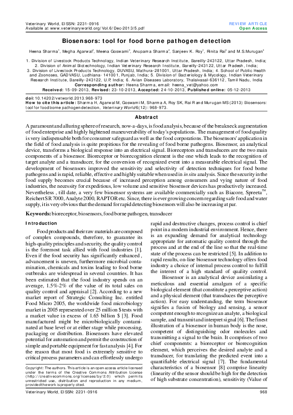 (PDF) Biosensors: tool for food borne pathogen detection