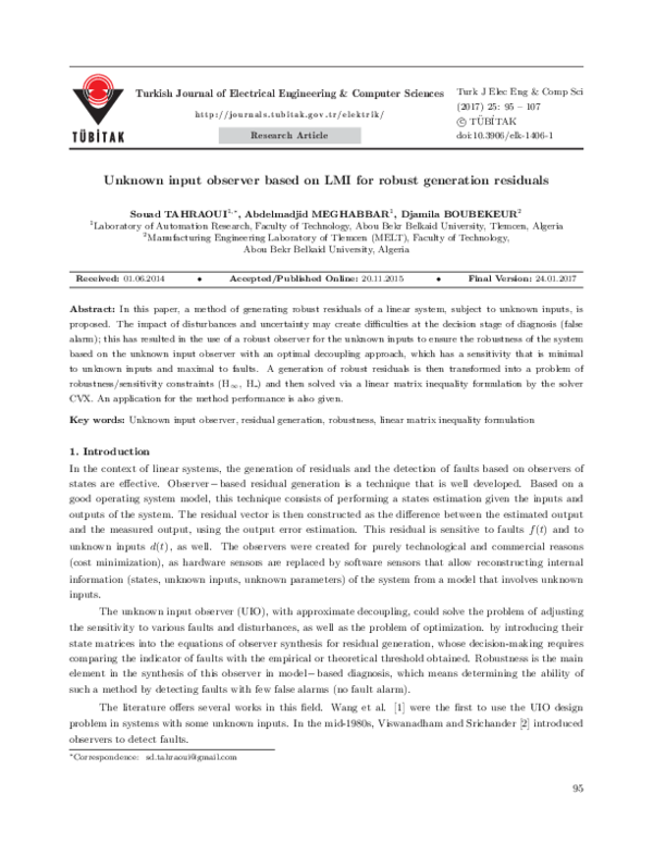 (PDF) Unknown input observer based on LMI for robust generation residuals