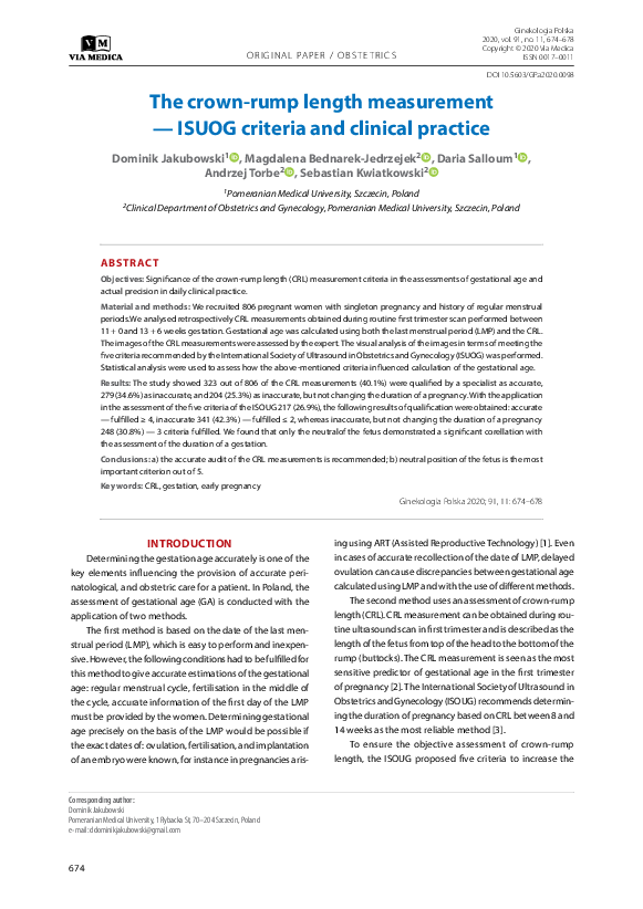 (PDF) The crown-rump length measurement - ISUOG criteria and clinical ...