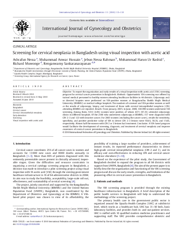 (PDF) Screening for cervical neoplasia in Bangladesh using visual ...