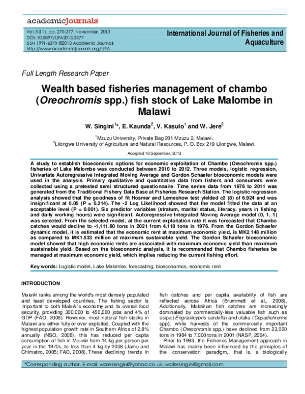 (PDF) Wealth based fisheries management of chambo (Oreochromis spp ...