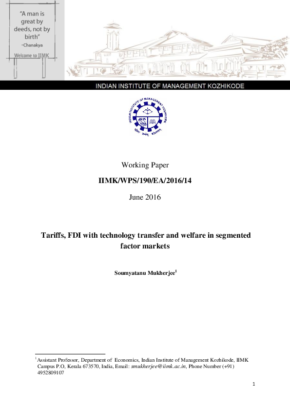 (PDF) Tariffs, FDI with technology transfer and welfare in segmented ...