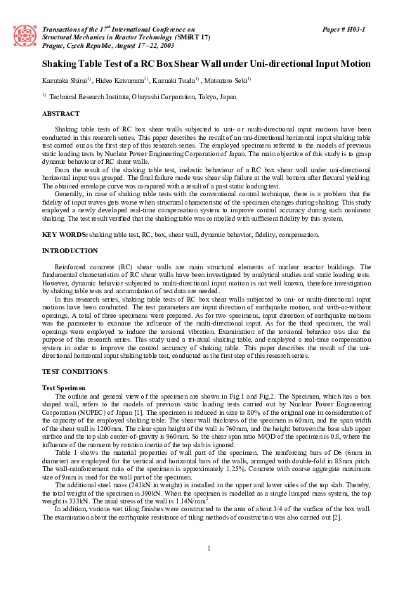 Shaking Table Test of a RC Box Shear Wall under Uni-directional Input ...