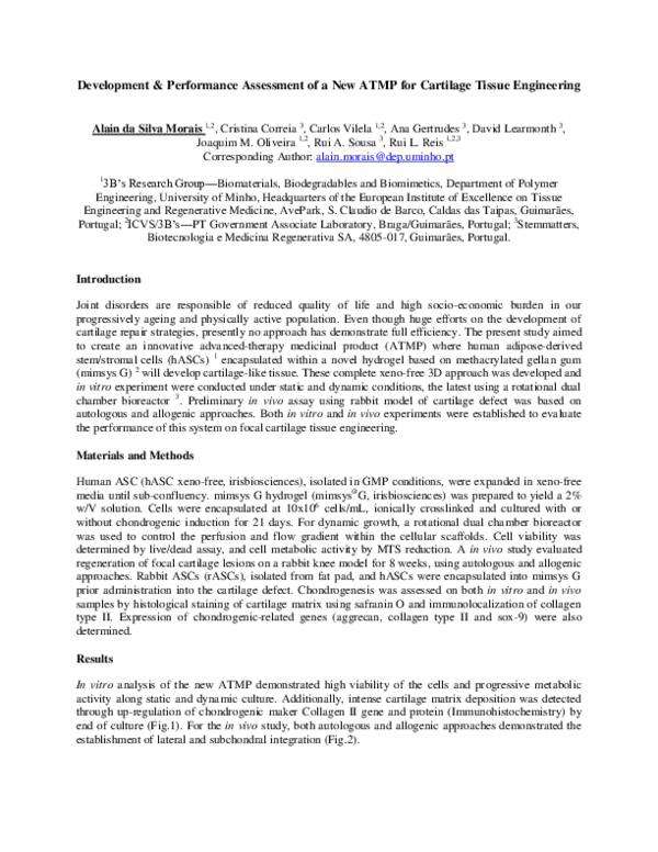 (PDF) Development & performance assessment of a new ATMP for cartilage ...