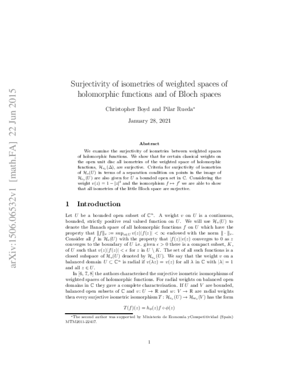 (PDF) Surjectivity of isometries of weighted spaces of holomorphic functions and of Bloch spaces ...